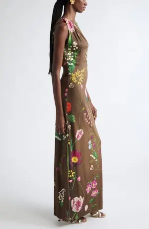 Oscar De La Renta Mixed Botanical Milano Jersey Maxi Dress - Brown Multi