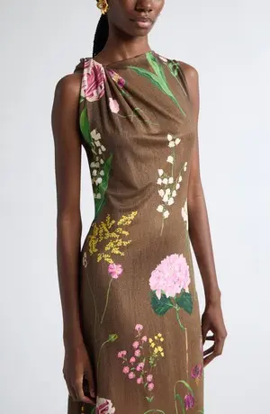Oscar De La Renta Mixed Botanical Milano Jersey Maxi Dress - Brown Multi