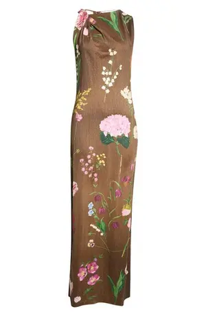Oscar De La Renta Mixed Botanical Milano Jersey Maxi Dress - Brown Multi