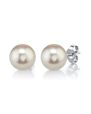 The Pearl Source 8mm White Freshwater Round Pearl Stud Earrings - White Gold