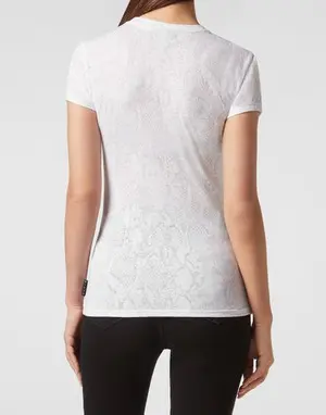 Philipp Plein Cotton Jersey T-shirt With Devoré Python Pattern And Bejeweled Skull Detail