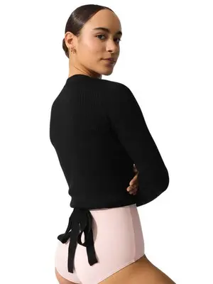 CAPEZIO Ribbed Knit Wrap Sweater With V-neck And Self-tie Closure - Black