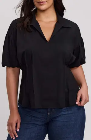Foxcroft Lucia Puff Sleeve Popover Shirt - Black