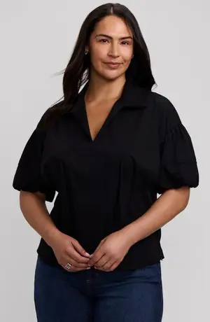 Foxcroft Lucia Puff Sleeve Popover Shirt - Black