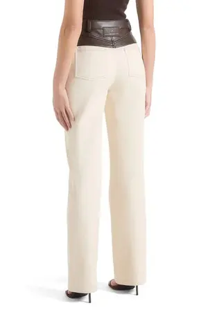Manière De Voir Contrast Leather & Denim Straight Leg Jeans - Cream/brown