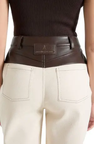 Manière De Voir Contrast Leather & Denim Straight Leg Jeans - Cream/brown