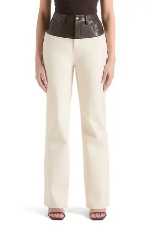 Manière De Voir Contrast Leather & Denim Straight Leg Jeans - Cream/brown
