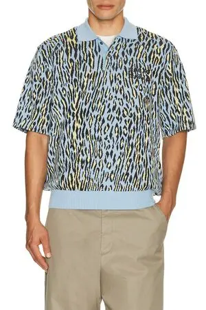 WACKO MARIA Leopard Knit Polo Shirt Type 1 In L-blue In Blue