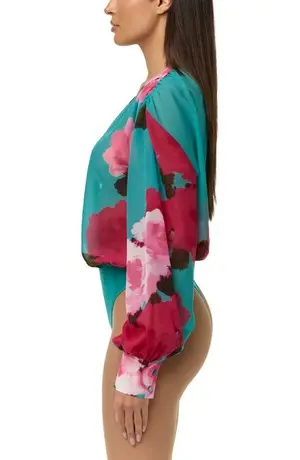 Naked Wardrobe Floral Print Chiffon V-neck Bodysuit