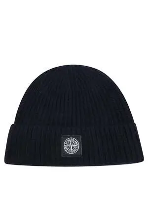 Stone Island Ribbed Logo Beanie - Blu