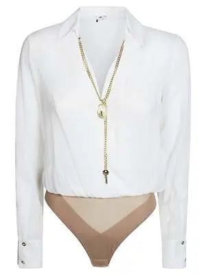 Elisabetta Franchi Embellished Shirt Bodysuit - Beige