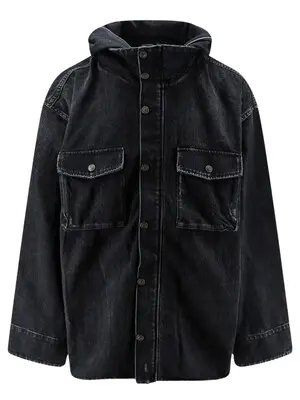 Balenciaga Logo Embroidered Hooded Denim Jacket - Black