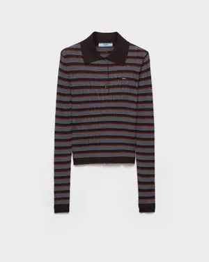 Prada Striped Cashmere And Silk Polo Shirt - Dark Brown/cloud