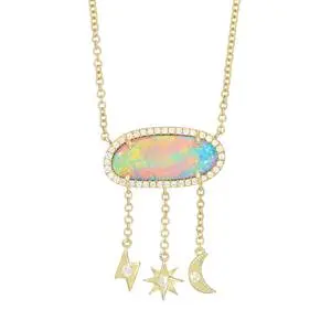 KAMARIA Fire Opal Necklace With Celestial Moon & Star Drops In Diamonds - Gold