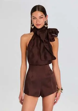 Retrofete Retrofête Indira Silk Halter Top With Dramatic Bow Detail Tobacco