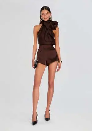 Retrofete Indira Silk Halter Top With Dramatic Bow Detail - Tobacco