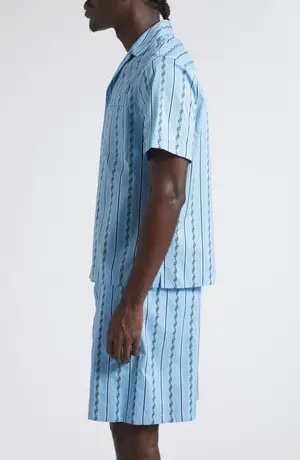 Versace Stripe Greca Jacquard Short Sleeve Button-up Shirt