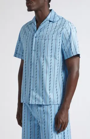 Versace Stripe Greca Jacquard Short Sleeve Button-up Shirt