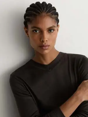 REISS Brody High V-neck Long Sleeve Top