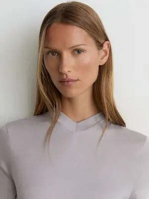 REISS Brody High V-neck Long Sleeve Top - Light Grey