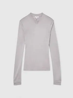 REISS Brody High V-neck Long Sleeve Top - Light Grey