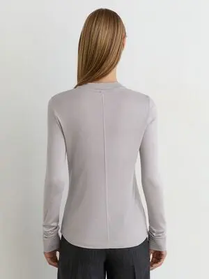 REISS Brody High V-neck Long Sleeve Top - Light Grey