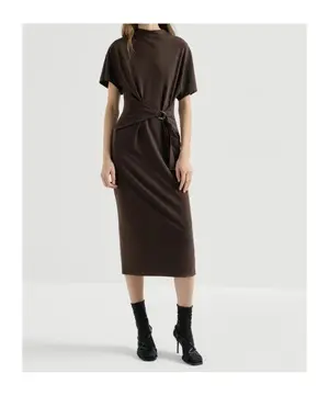 Brunello Cucinelli Techno Wool Jersey Wrap Belt Dress With Monili