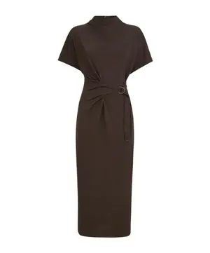 Brunello Cucinelli Techno Wool Jersey Wrap Belt Dress With Monili - Coffee