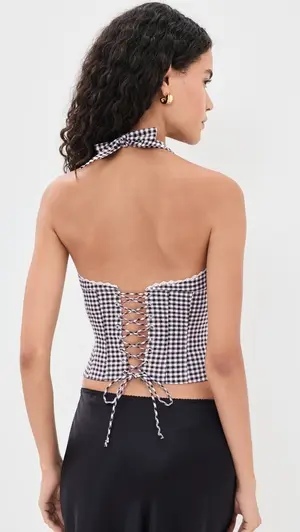 GUIZIO Marini Gingham Corset With Lace Trim