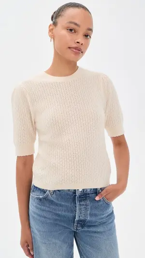 FRAME Gathered Honeycomb Cashmere Sweater With Puff Sleeves