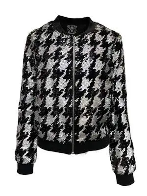ANY OLD IRON Gold / Black / Silver Metallic Reversible Sequin Dogstooth Bomber Jacket - Gold/black/silver
