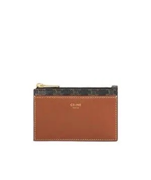 Celine Zipped Card Holder In Triomphe Canvas And Lambskin - Brown