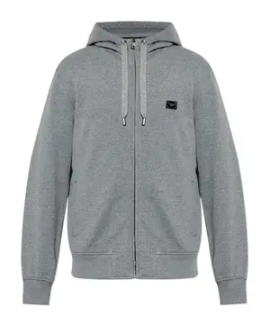 Dolce & Gabbana Dolce Gabbana Logo Plaque Zipped Drawstring Hoodie - Grey