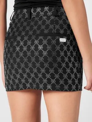 Philipp Plein Jersey Pencil Mini Skirt With Hexagon Rhinestone Logo