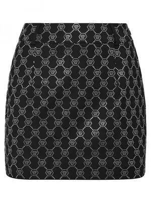 Philipp Plein Jersey Pencil Mini Skirt With Hexagon Rhinestone Logo