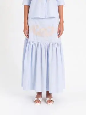 TWINSET Long Pleated Cotton Skirt With High Waist And Embroidery - Sky Blue