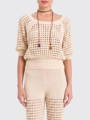 TWINSET Perforated Cotton Knit Top With Boat Neck And Dropped Shoulders