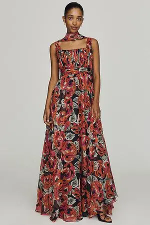 Mac Duggal Square-neck Scarf Maxi Dress - Pink Pattern