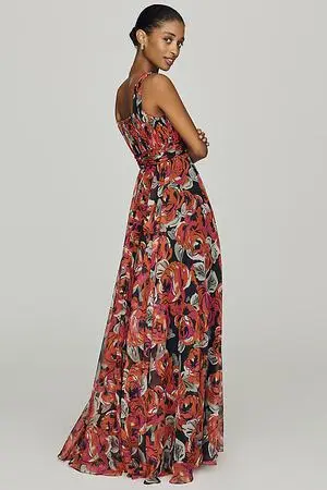 Mac Duggal Square-neck Scarf Maxi Dress - Pink Pattern
