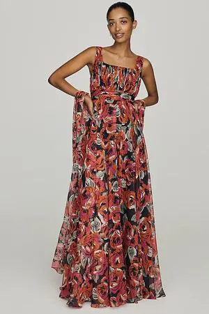 Mac Duggal Square-neck Scarf Maxi Dress - Pink Pattern