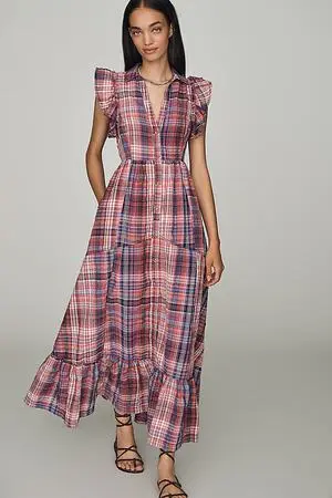 PILCRO Button-front Ruffle Maxi Dress - Pink Pattern