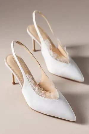 BLACK SUEDE STUDIO Royal Satin Lace Slingback Heels - White