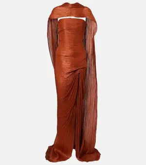 MARMAR HALIM Pleated Taffeta Bustier Gown And Detachable Scarf - Orange