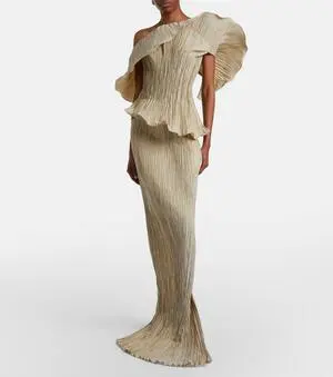 MARMAR HALIM Asymmetric Pleated Taffeta Gown