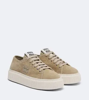 Miu Miu Suede Platform Lace-up Sneakers - Beige