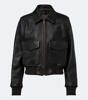 NILI LOTAN Distressed Black Leather Bomber Jacket - Brown