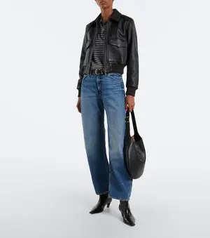 NILI LOTAN Distressed Black Leather Bomber Jacket