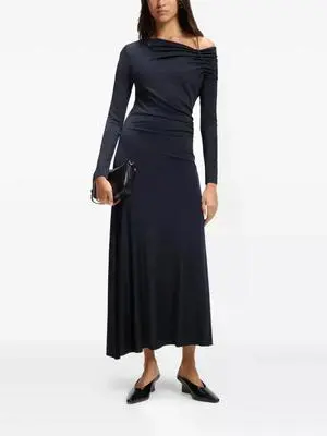BOSS Asymmetric-neck Ruched-detailing Midi Dress - Blue