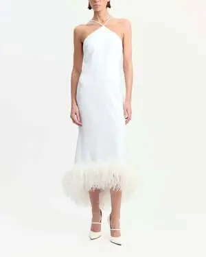 16Arlington Ade Midi Dress With Feather Trim - White