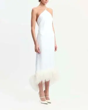 16Arlington Ade Midi Dress With Feather Trim - White